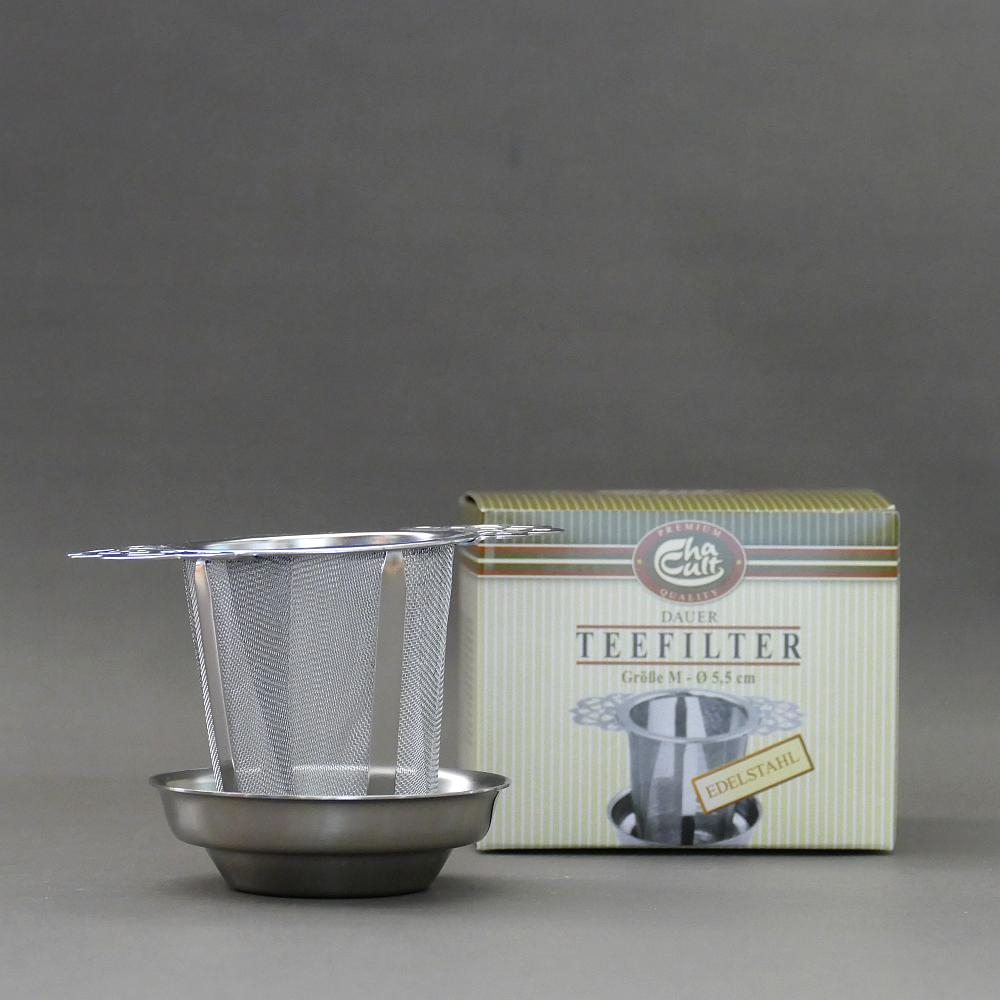 Stainless steel tea filter with cup/lid (2 interlaced handles)